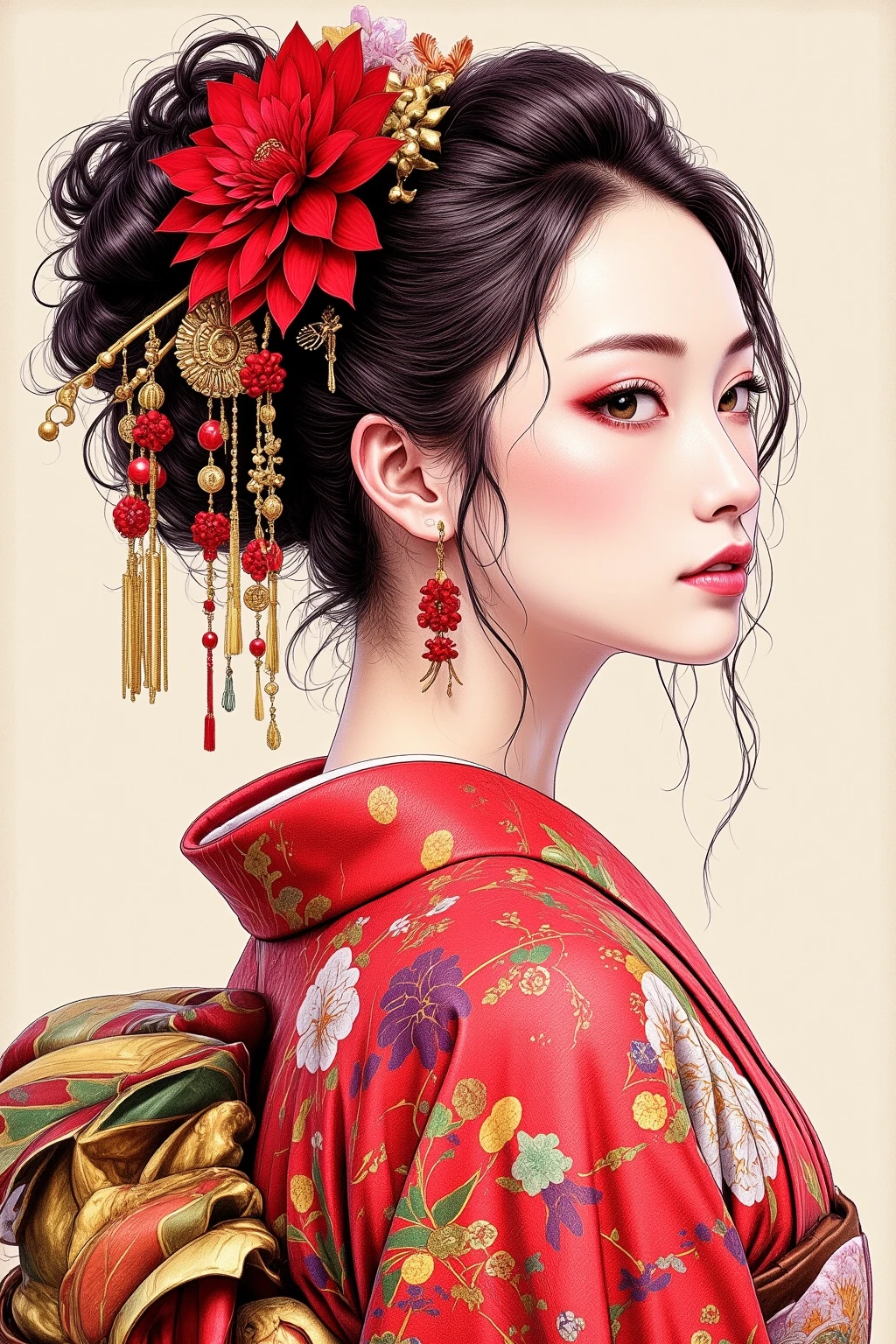 Extremely detailed illustration、realistic pop art drawn with red ink ...