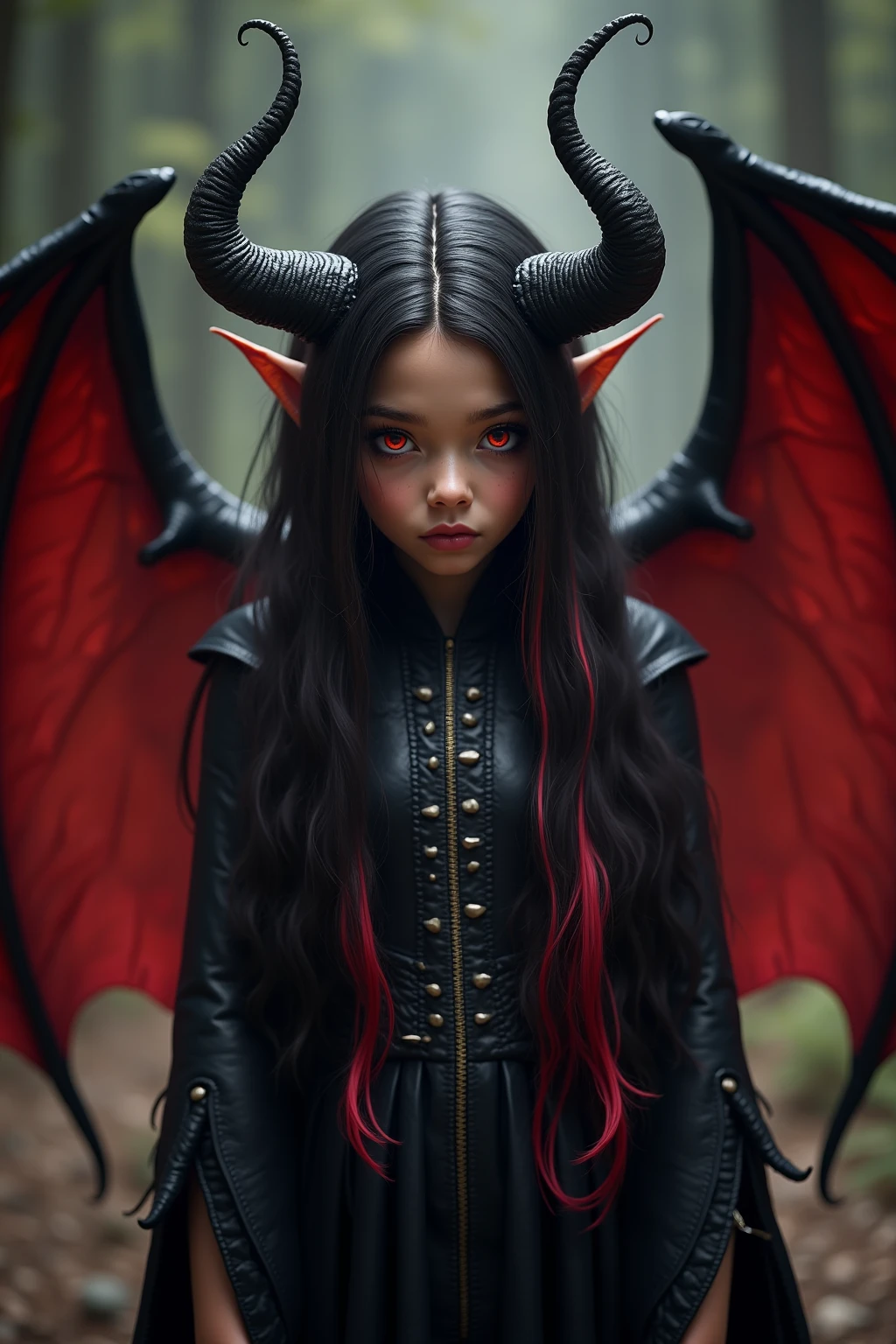 Une jeune fille avec des ailes de dragons noirs et rouges. Elle a les ...