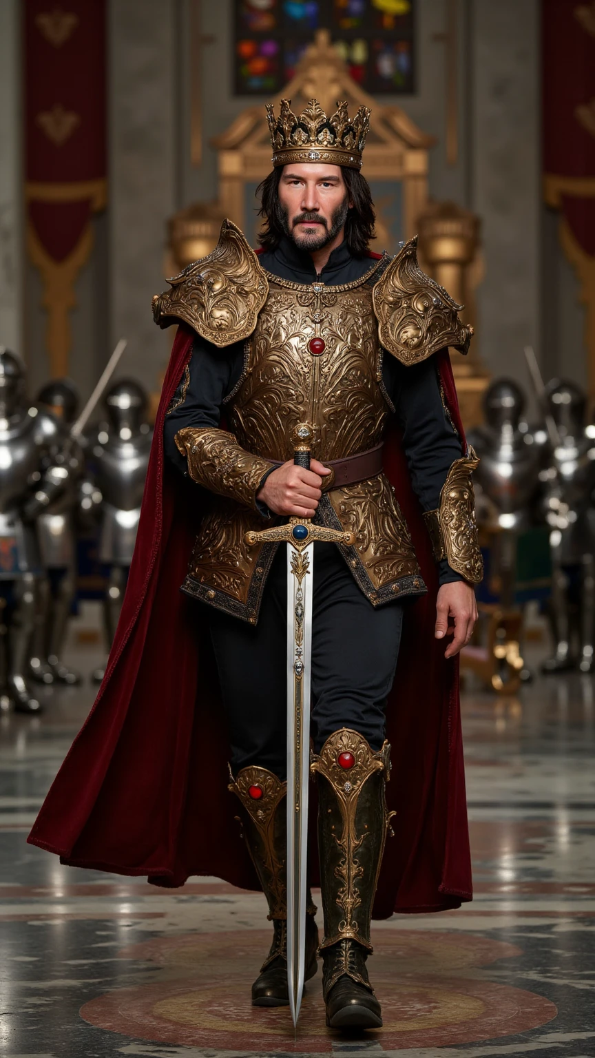 Keanu Reeves reimagined as a Medieval King walking and holding a ...