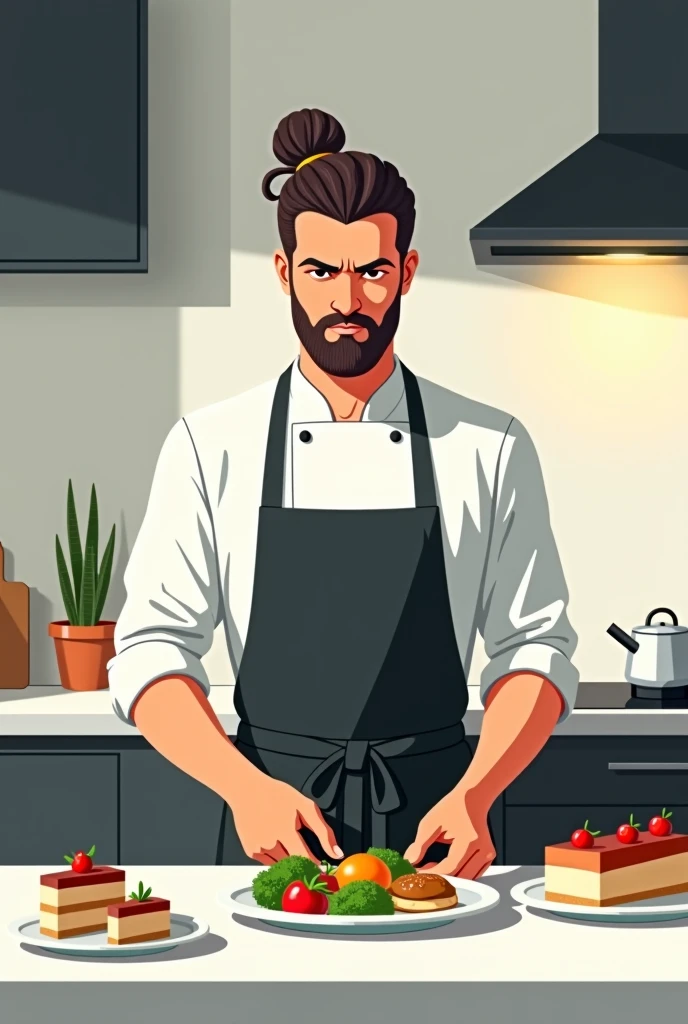 A Stoic cook with a steady gaze, wearing a modern apron, preparing a ...