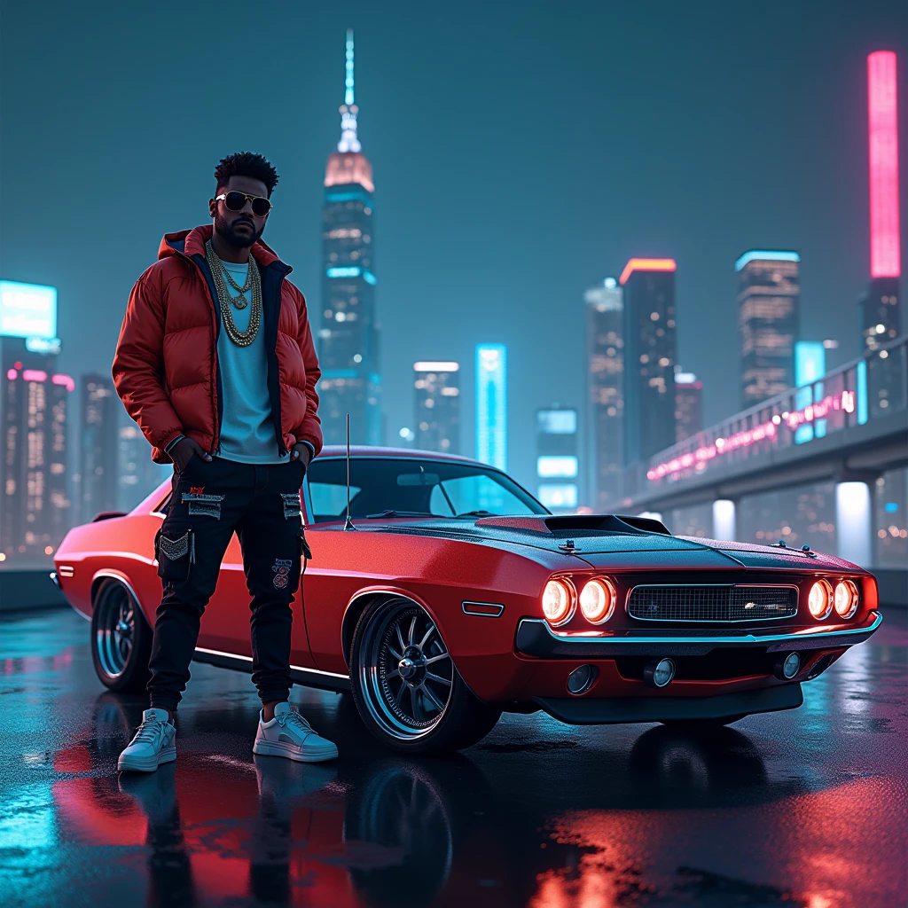 A rapper stands next to a futuristic old muscle car at night - SeaArt AI