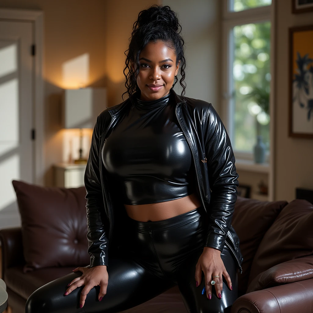 Realistic HDR noisy picture of a ebony girl who is curvy, she smirks with subtle - SeaArt AI