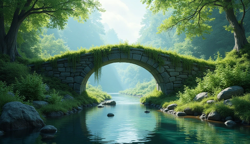 Visual of an old stone bridge covered in moss, crossing a serene stream ...