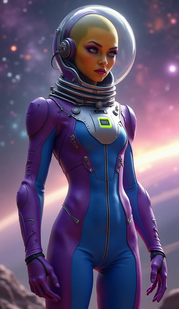 In a photo realistic style depict a female alien with a shaved head ...