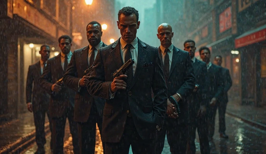 Gangsters with weapons stand in dark rainy street - SeaArt AI