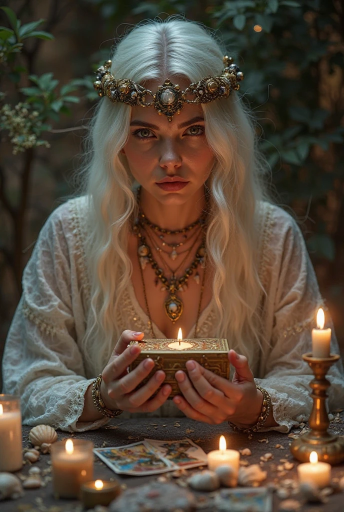 Ultra realistic 8k very real at night a beautiful white-haired gypsy ...