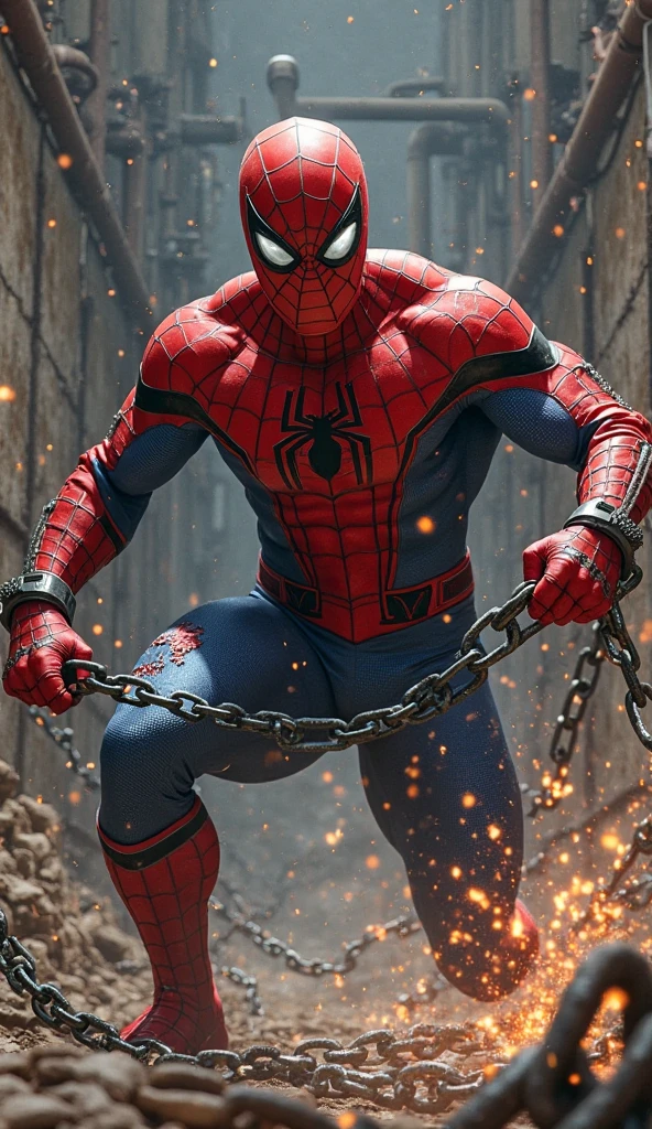 Spider-Man flexes his superhuman strength, muscles bulging as he ...