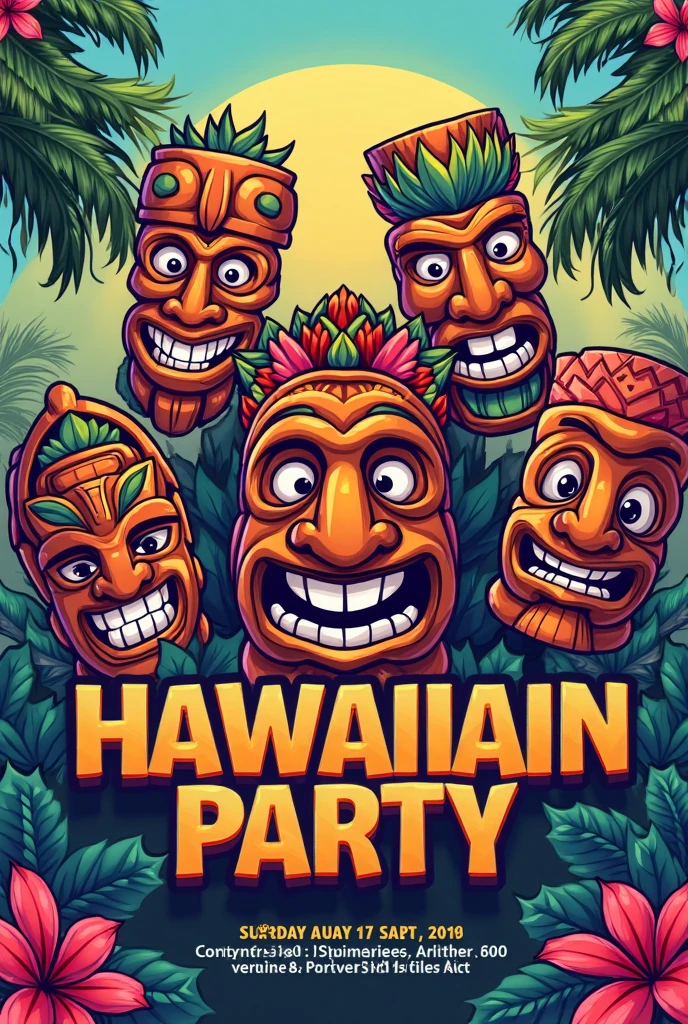 Hawaiian theme party flyer, With the most cartoon Tiki masks - SeaArt AI