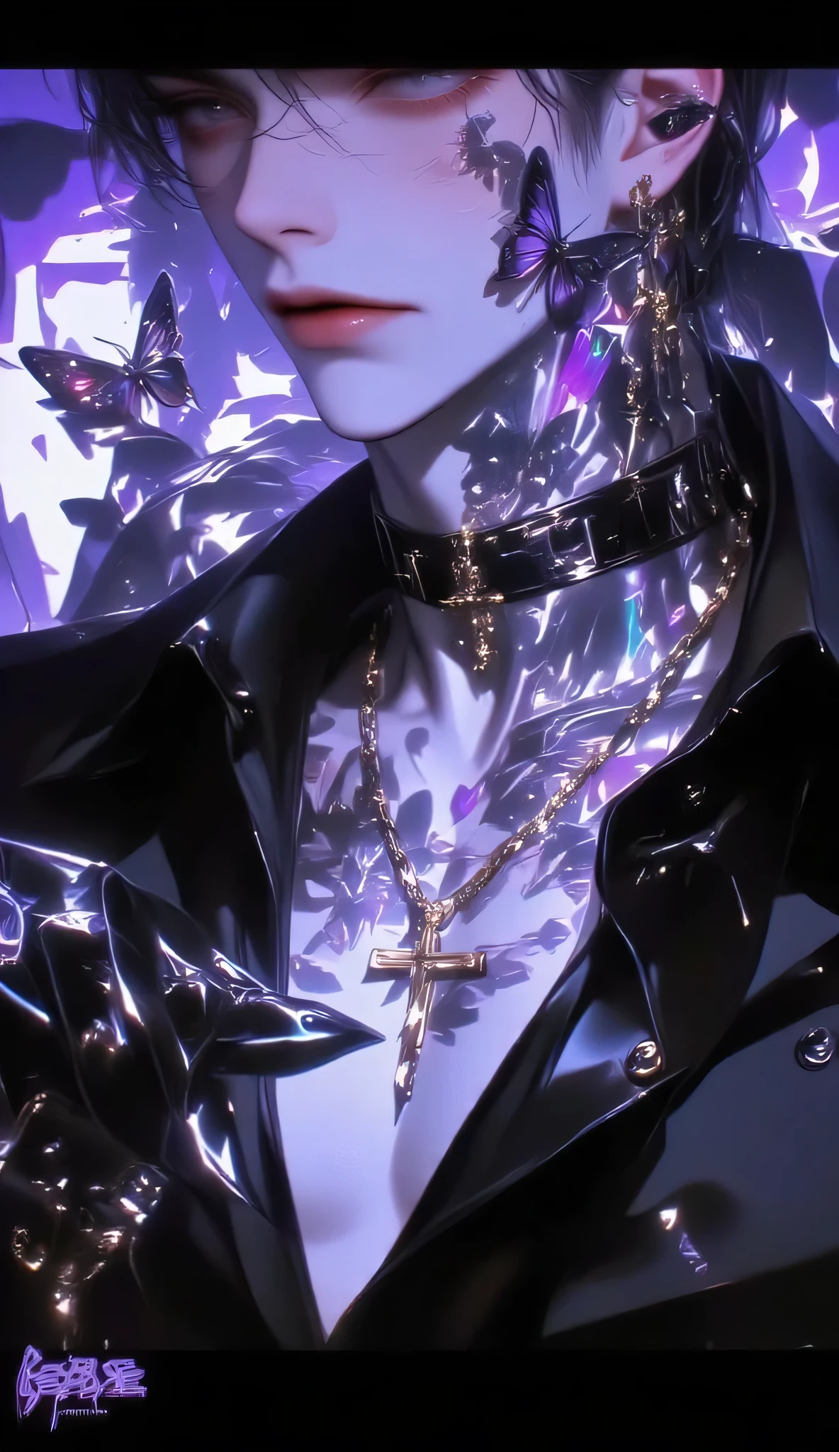 Anime - style image of a man with a cross and a chain around his neck ...