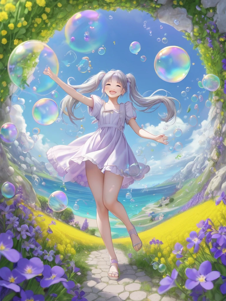 long silver hair 、beautiful girl with twin tails、Smiling with soap ...