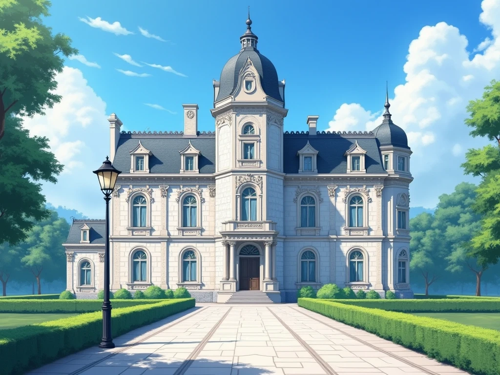 A grand European-style white mansion with intricate architectural ...