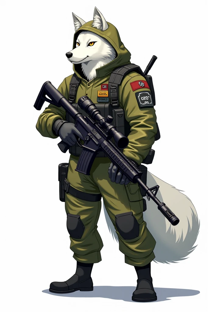Male, furry, wolf, white fur, military outfit, military equipment ...