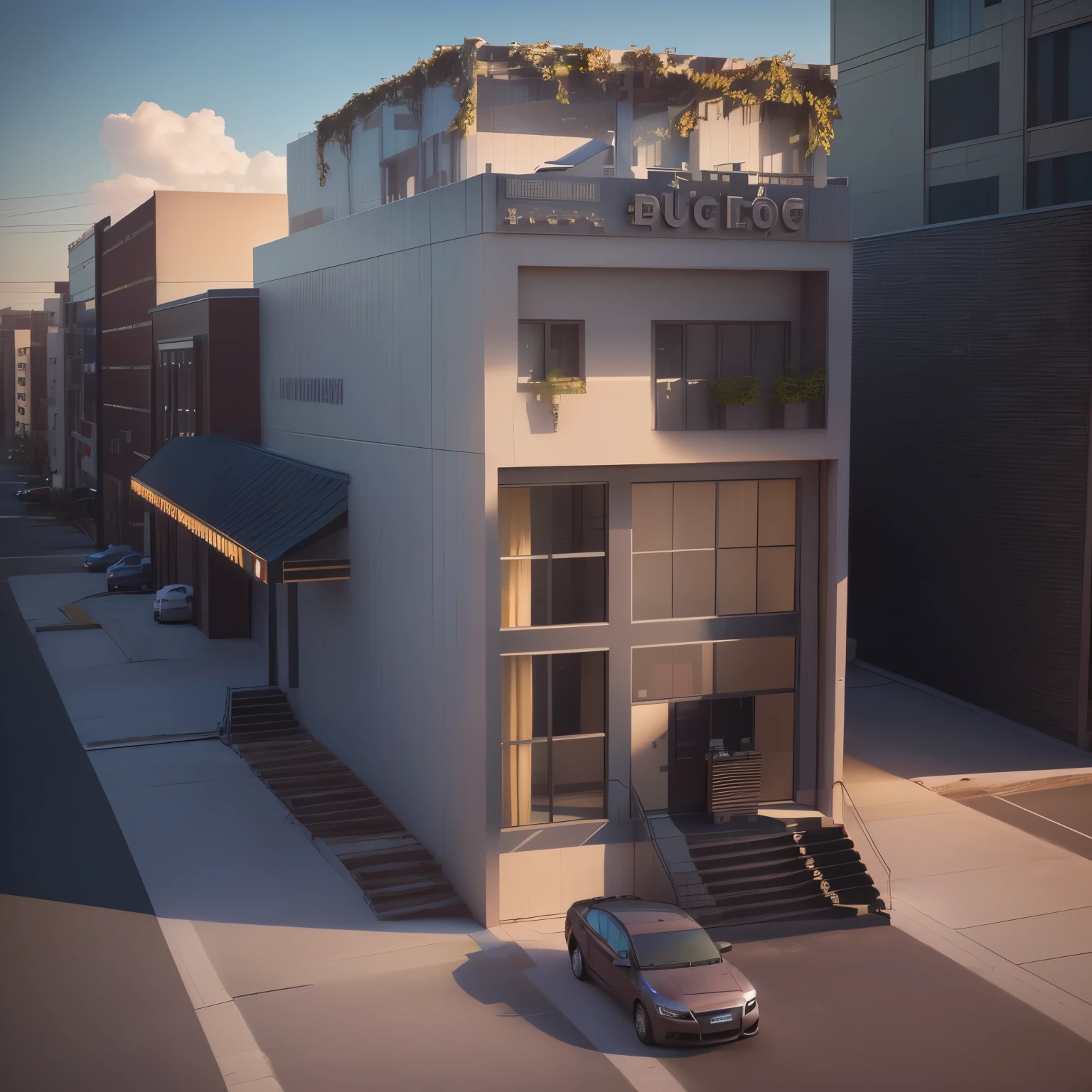 Rendering of a building with a car parked in front of it - SeaArt AI