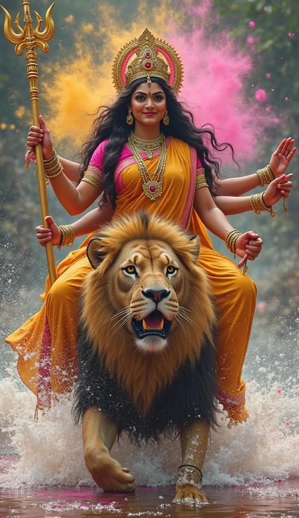 Durga maa sitting on lion , lion was walking,Lion's surrounding - SeaArt AI