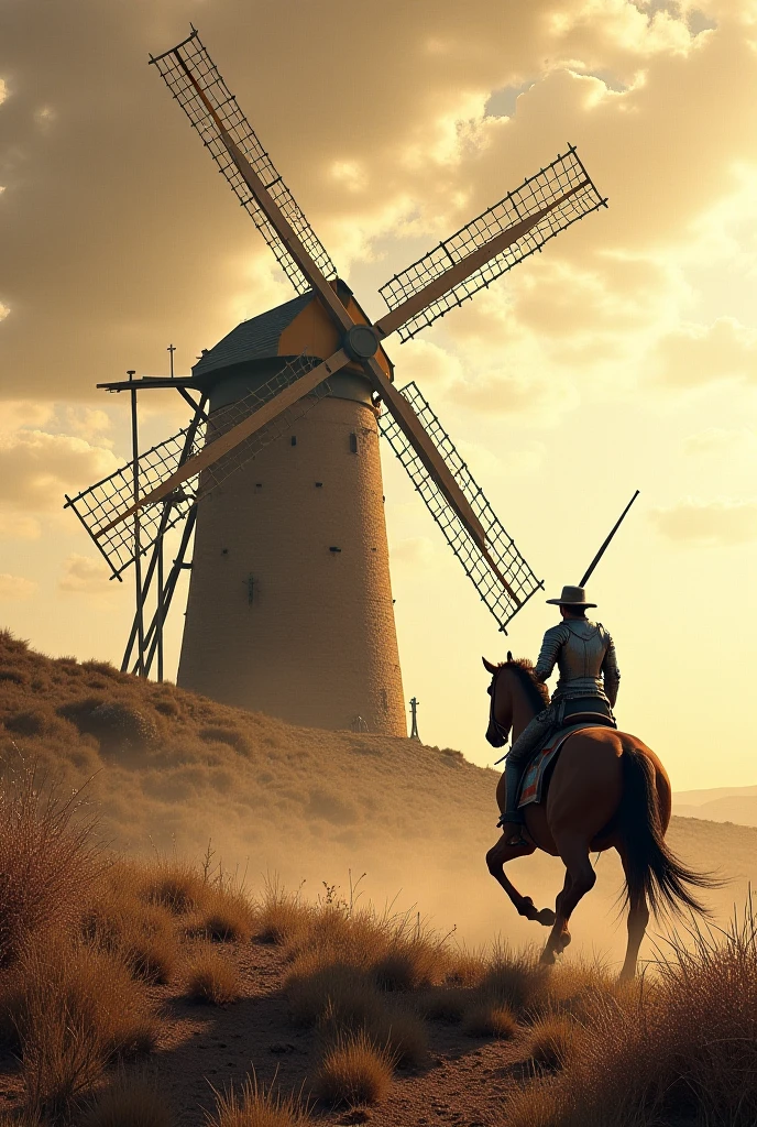 Make me an old picture of Don Quixote in the windmill fight - SeaArt AI