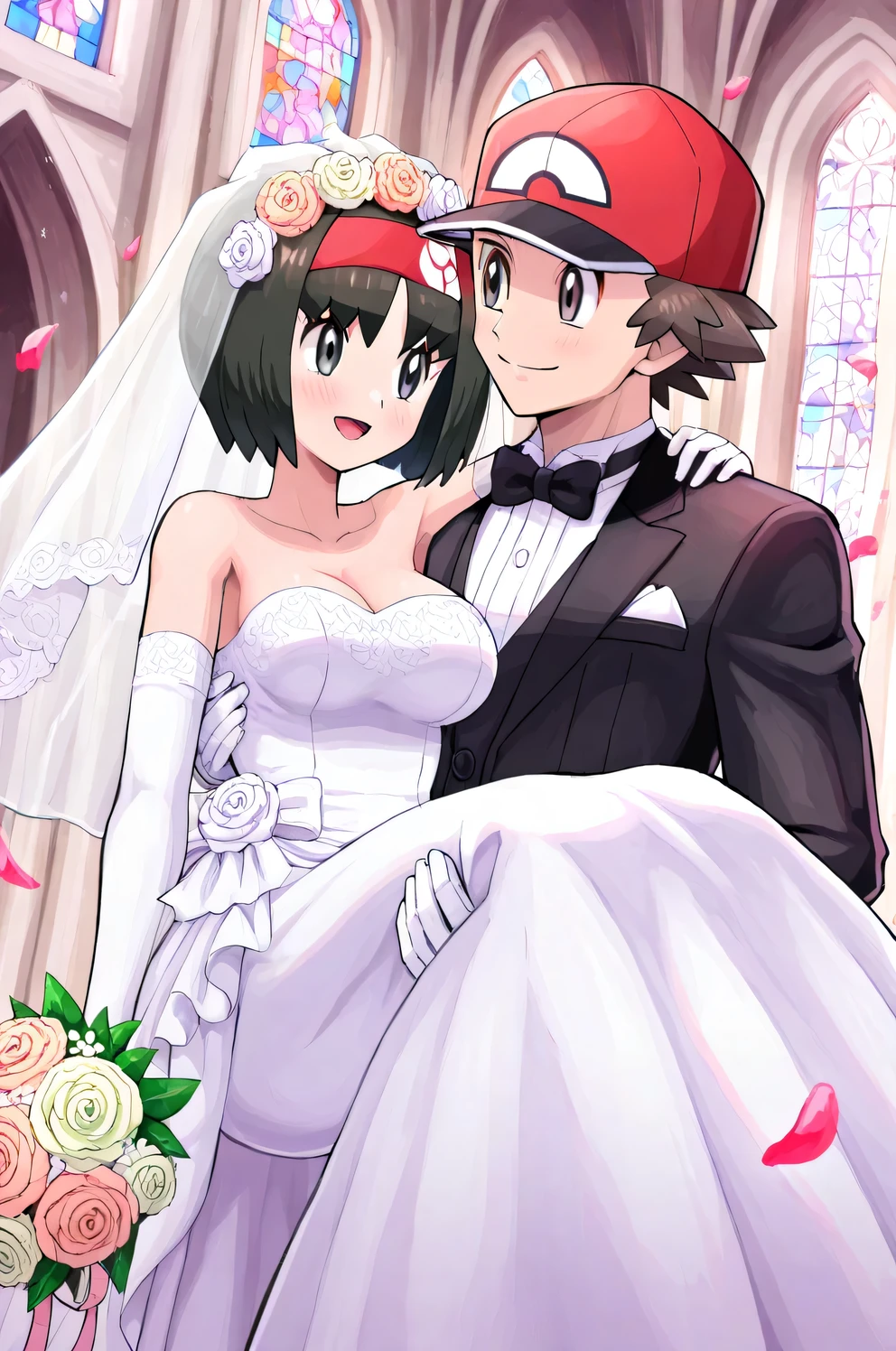 Anime wedding couple in church with petals falling down（red (pokemon ...