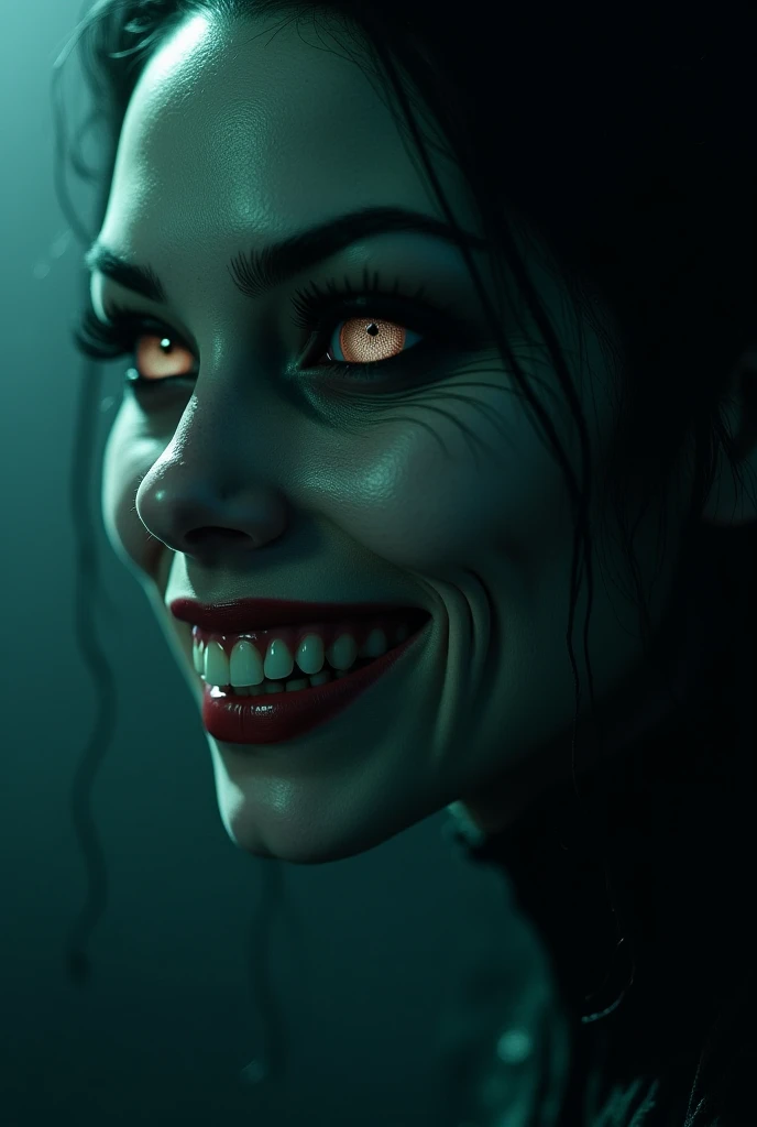 "Close-up of a ghostly woman’s face with a terrifying smile under a dim ...