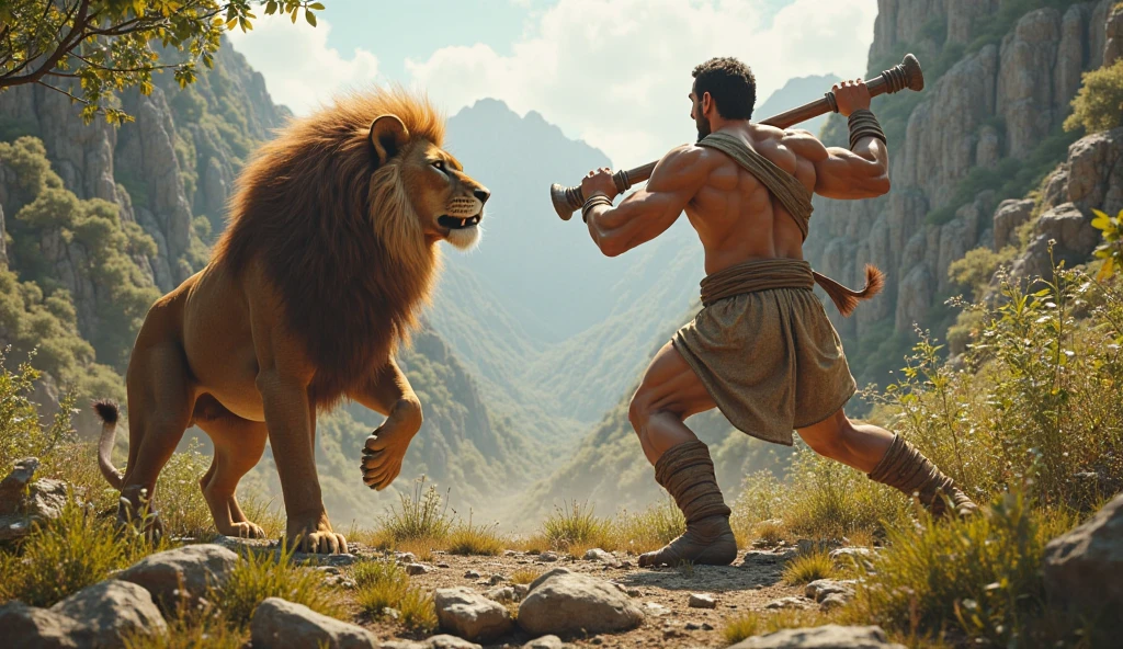 Make me an image of Hercules facing the lion of Nemea - SeaArt AI