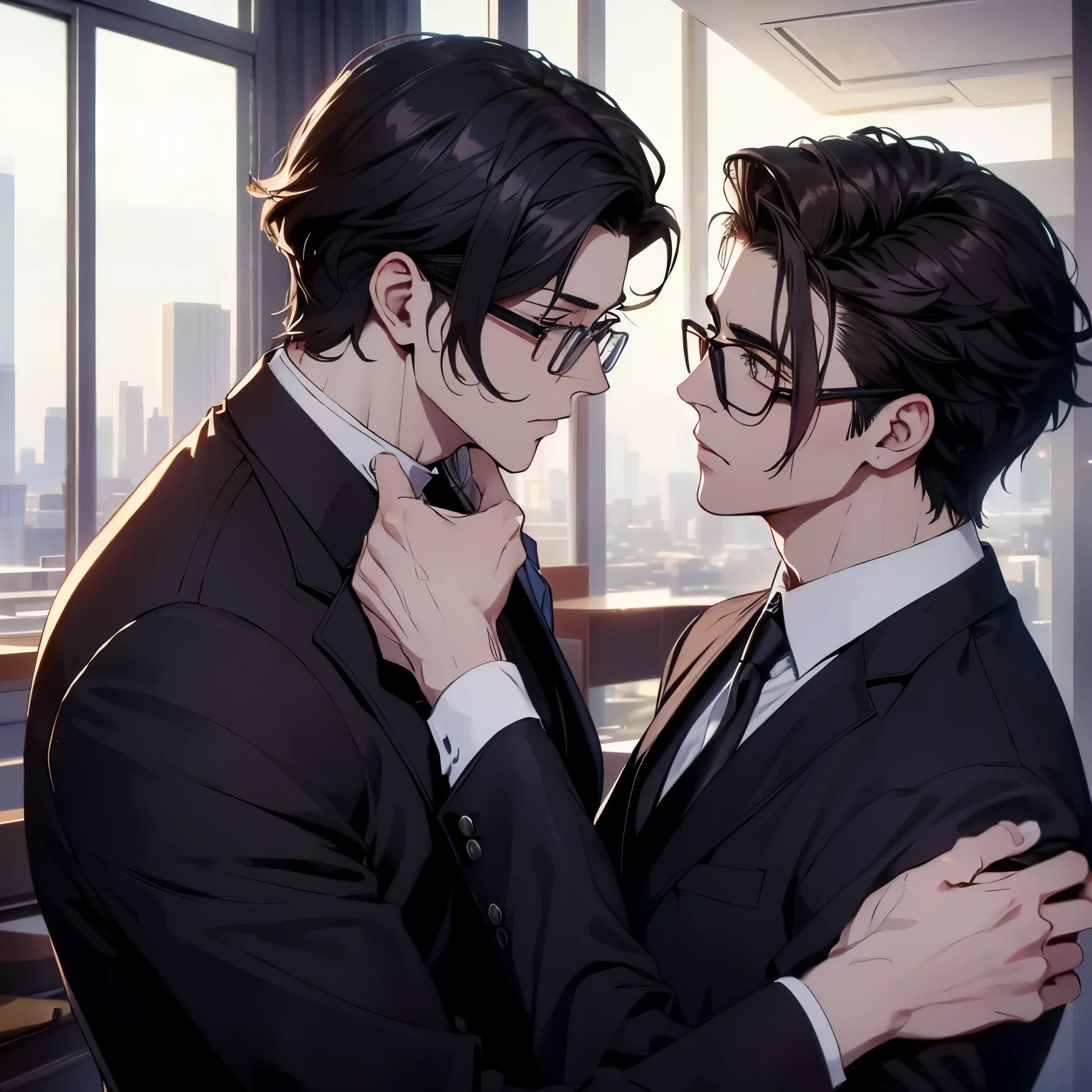 Anime image of two men in suits embracing in front of a window - SeaArt AI