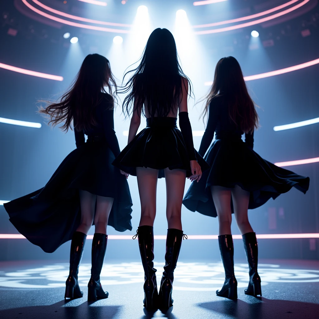 3 girls-girl band, Rear View, all dressed in black, on stage - SeaArt AI