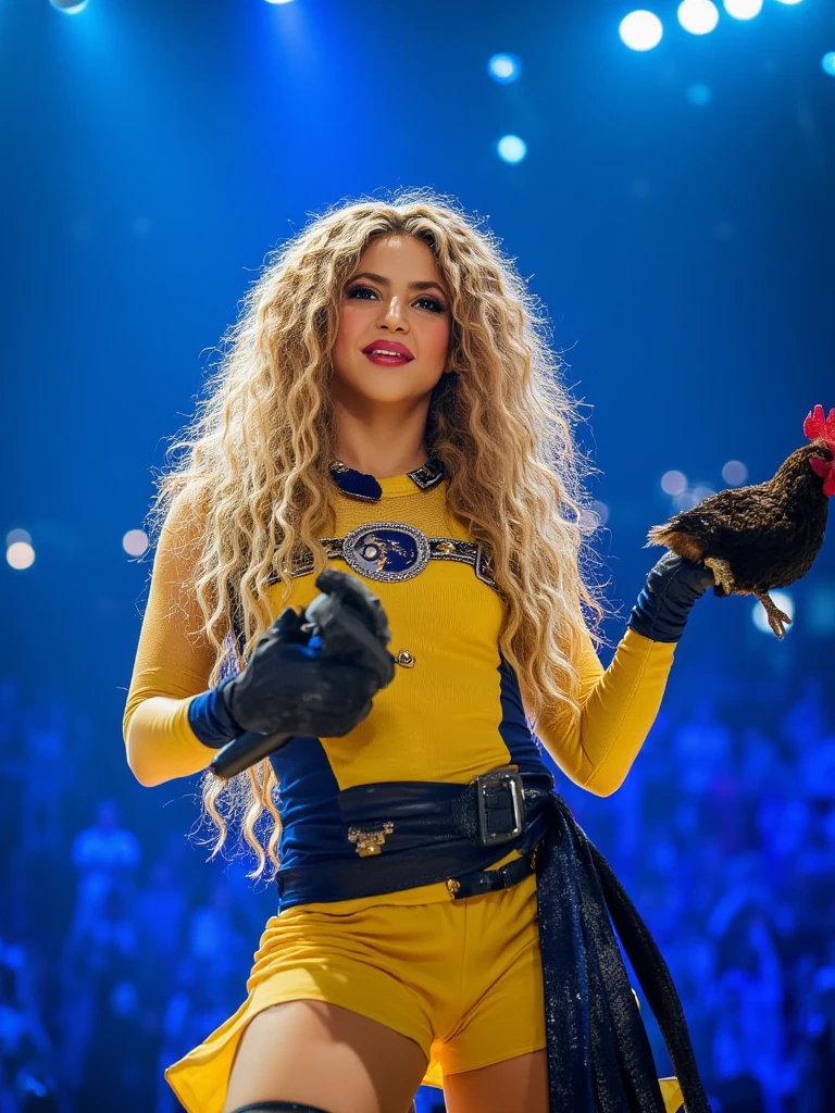 Shakira in a yellow and blue costume, on a stage, en concert en un ...