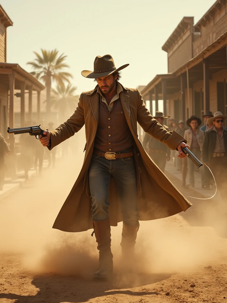 A rugged cowboy in the middle of a dusty Wild West town, performing an ...