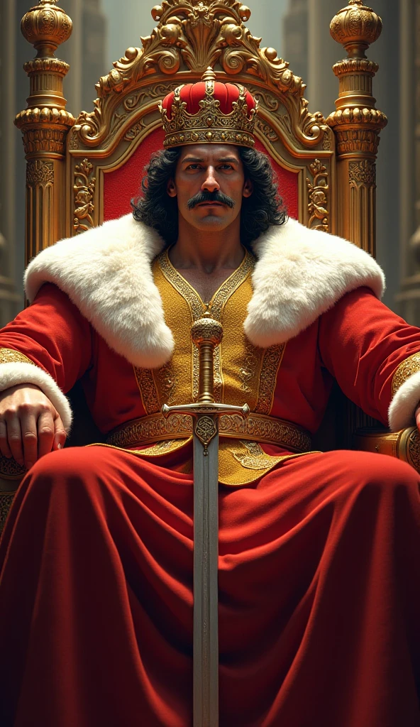 A handsome, tall king with a broad chest, curly black hair, sharp ...