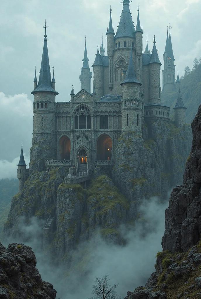 Create a colossal castle, a stone titan sculpted with fanciful Gothic ...