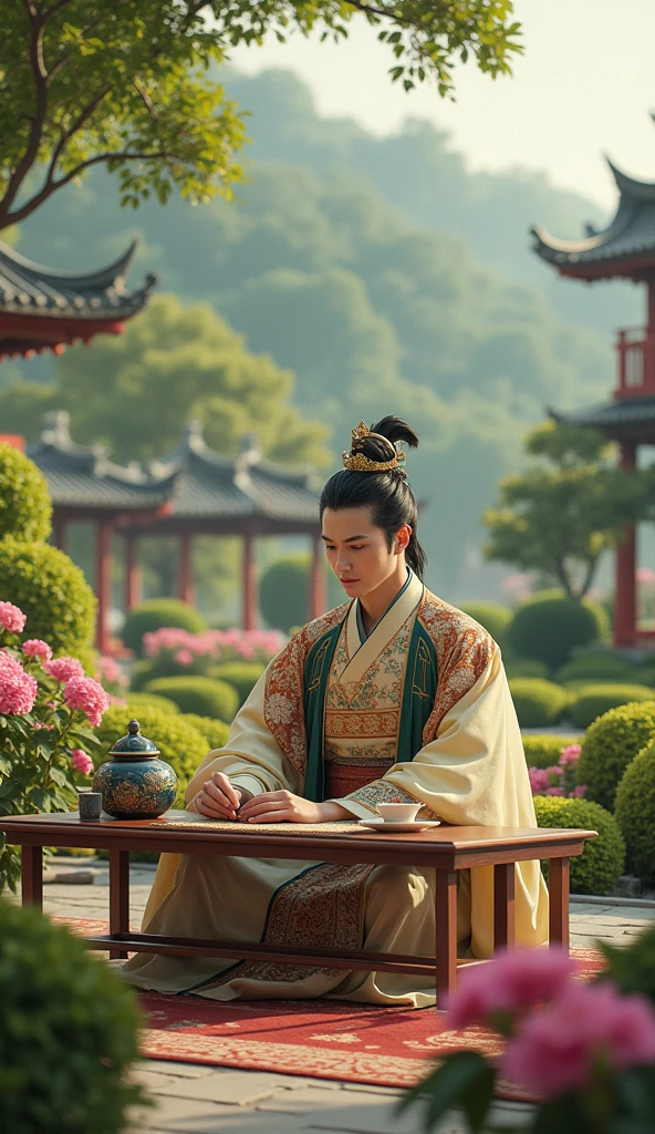 A handsome young chinese king sit in his lovely tea garden and take a ...