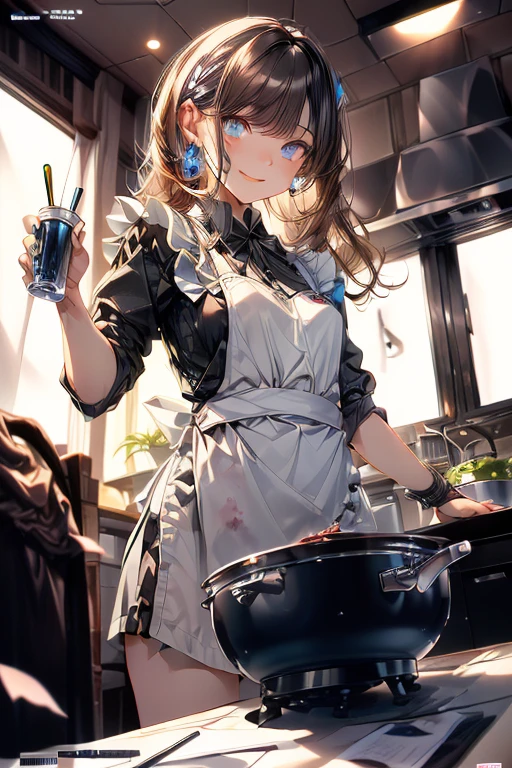 (from below:1.2),((1girl, brown hair, long hair, qutel blue eyes ...