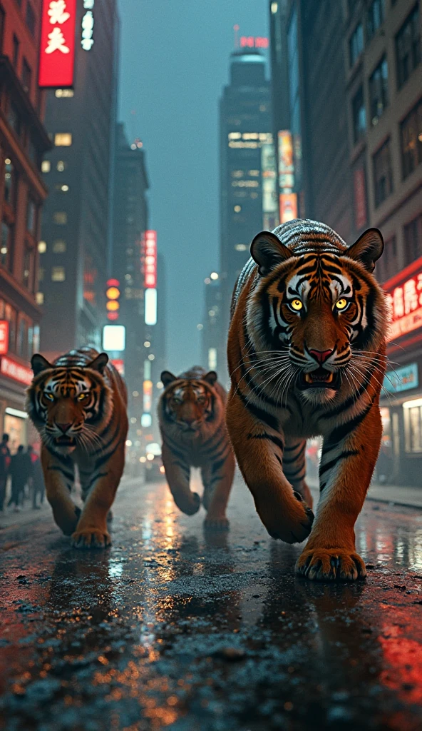 "A highly realistic, cinematic night-time cityscape with towering ...