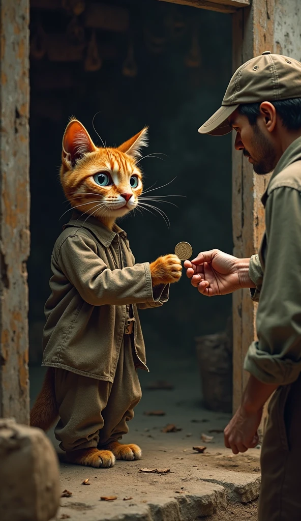 The same brown-colored anthropomorphic cat, still wearing old - SeaArt AI