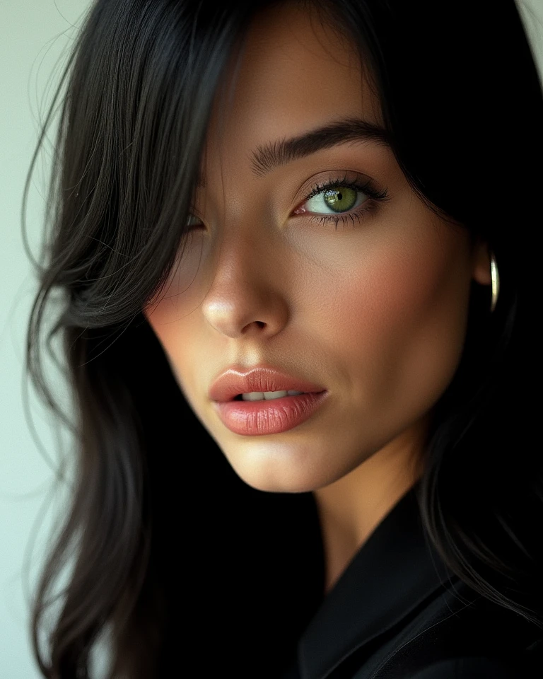 A detailed close-up photograph captures the intense beauty of the model ...