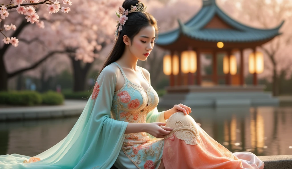A graceful young woman dressed in an elaborate, traditional Chinese ...