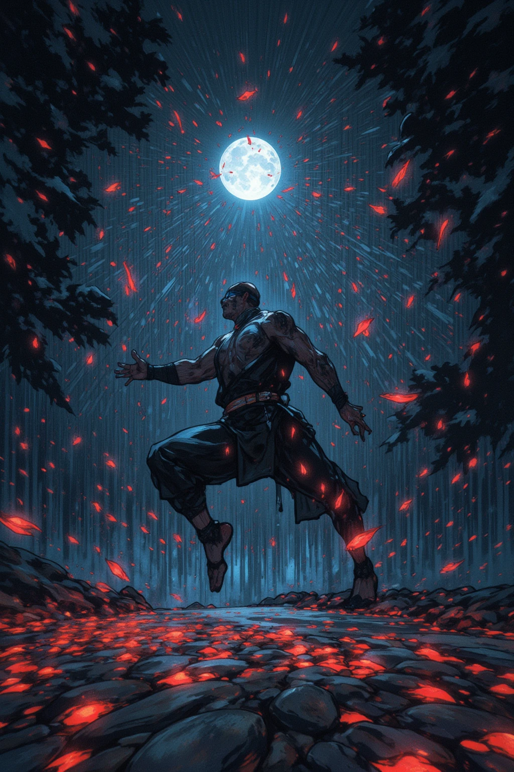 Countless shuriken fly around in the moonlight,A ninja dodges them ...