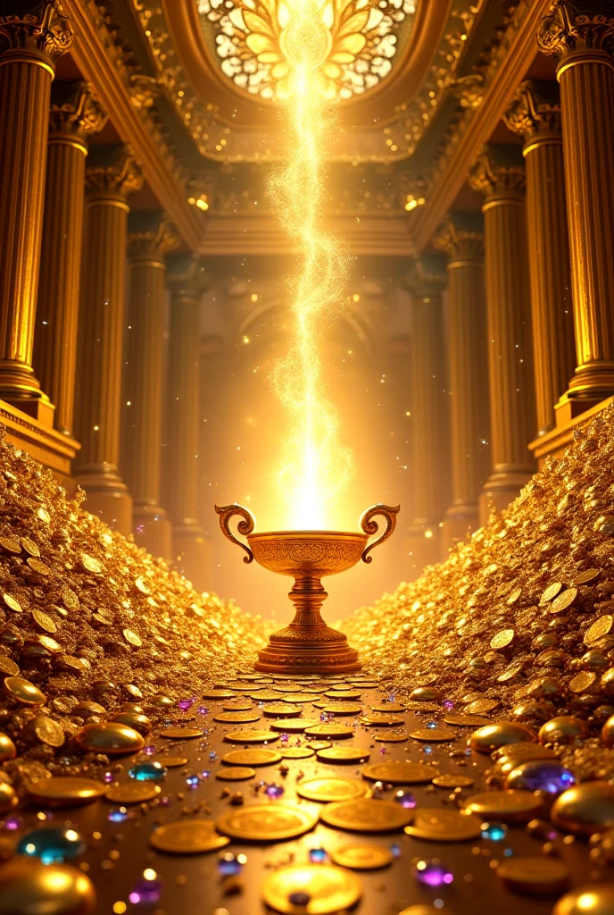 "A massive golden treasure room with coins, gemstones, and a glowing ...