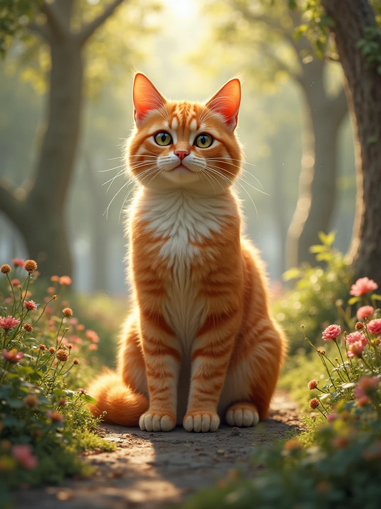 Ultra-realistic cat , orange and beige , in an ultra realistic park ...