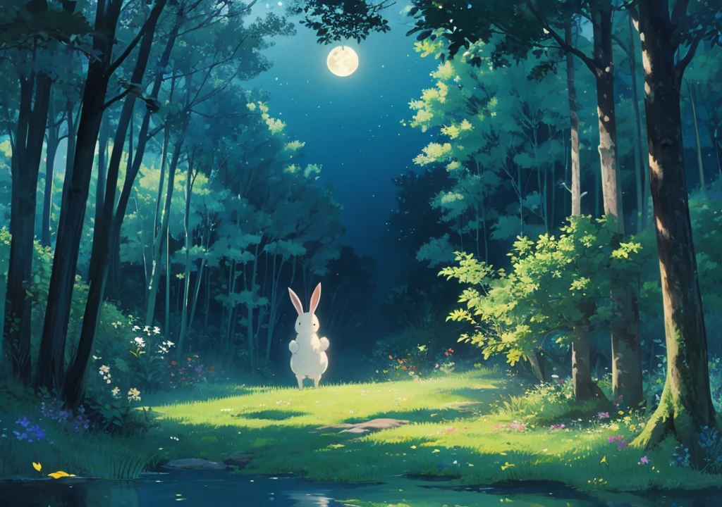 Rabbit Girl Beast Man, Night forest scenery, Quiet night sky - SeaArt AI