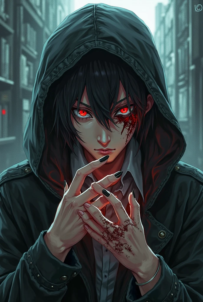 A handsome man with sharp hands, dark hair, red eyes, a wound on one ...