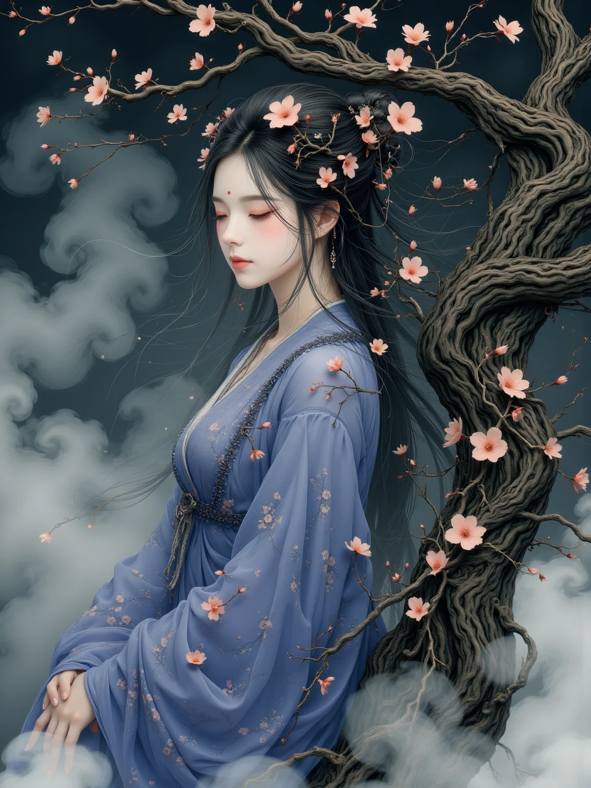 Bust of a flower demon on an ancient tree branch，Blue silk turned into ...