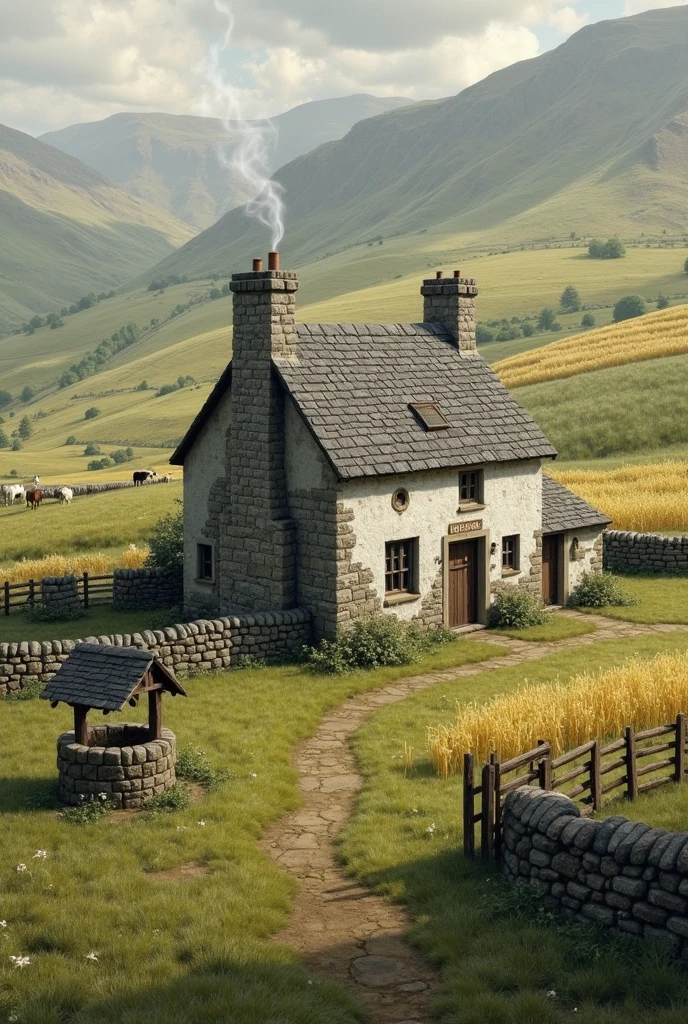 Traditional 1800s Scottish farm house with well and fields behind it ...