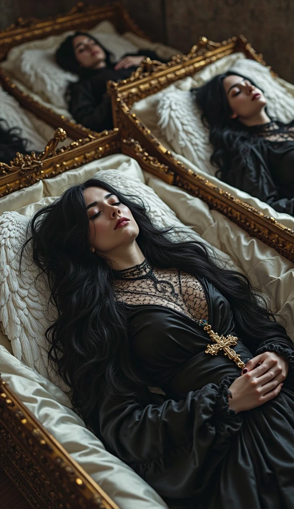 Three dead beautiful goth angels long folded white wings head on satin ...