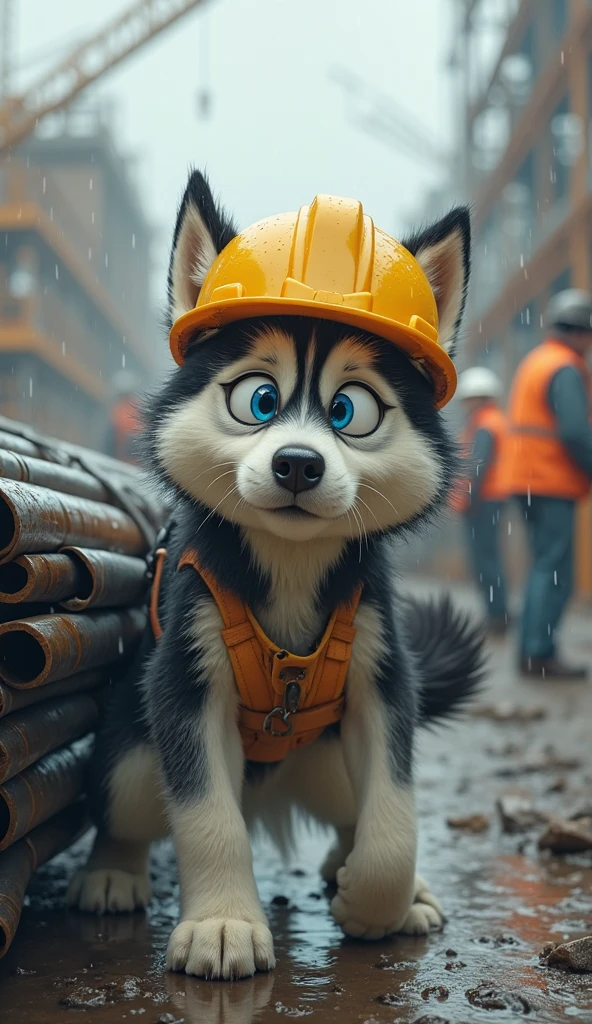 A determined young Siberian Husky, now wearing a bright yellow ...