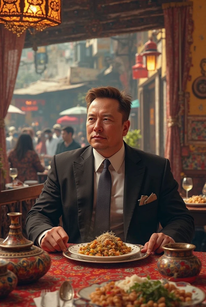 Elon musk eating in rasturant in afghanistan - SeaArt AI