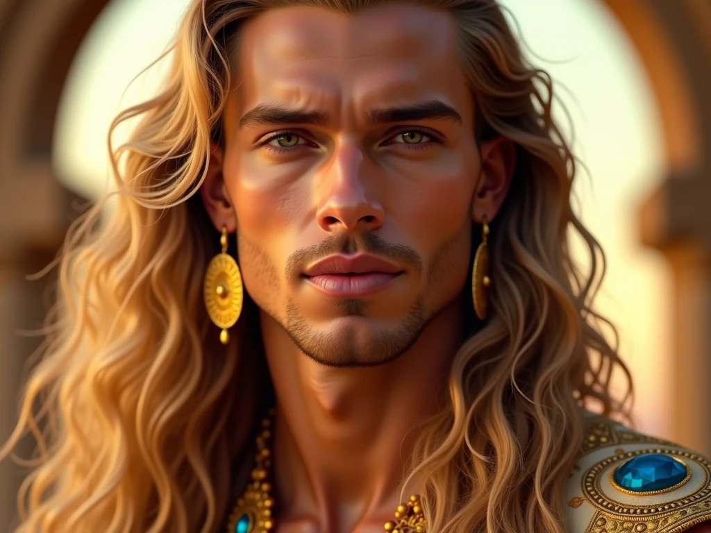a handsome MALE prince who have long golden wavy hair , golden eyes ...
