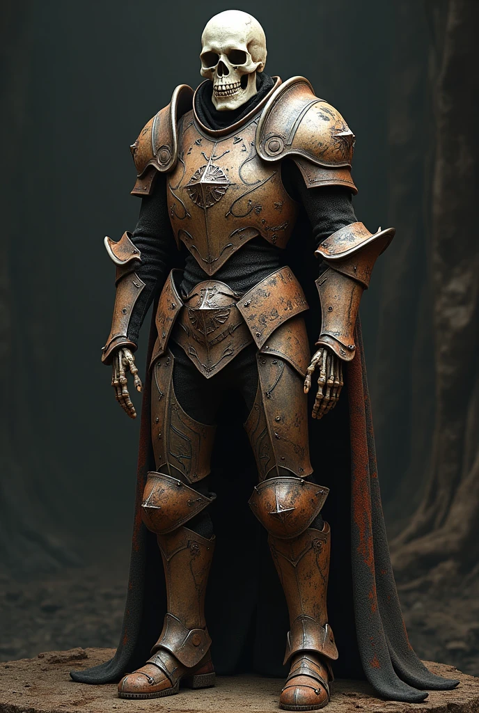 Make a skeleton wearing metallic knight armor, The armor is all rusted ...