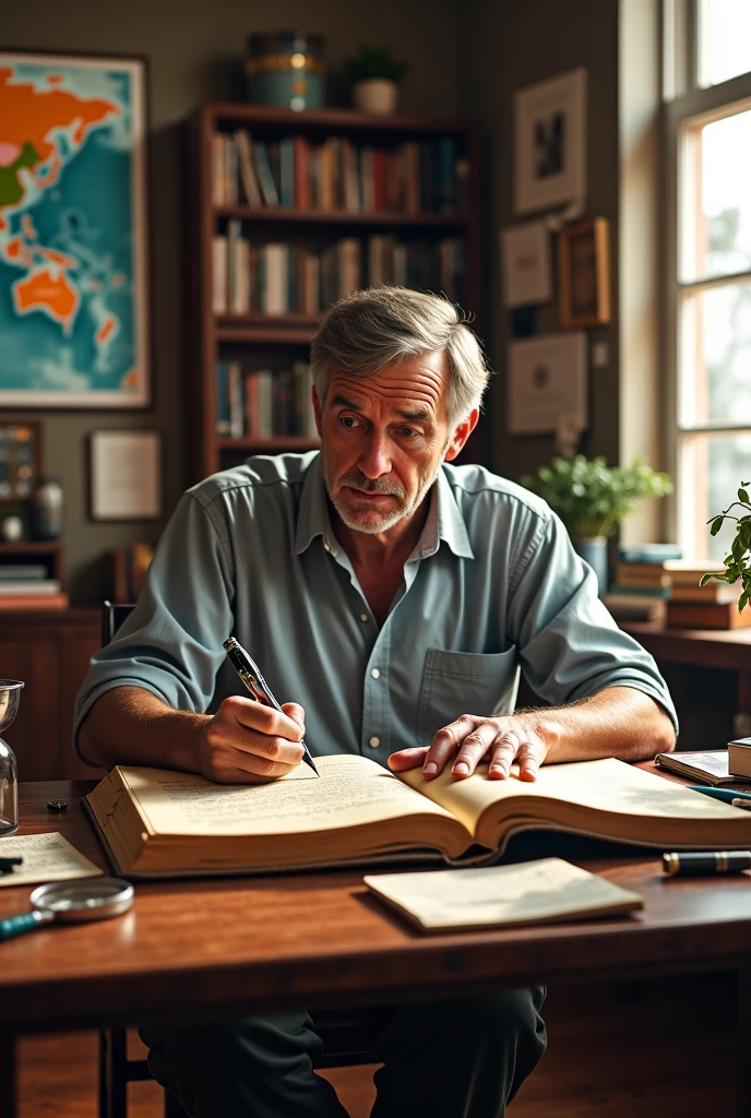 Draw a geographer sitting at a desk writing down in a thicker book ...