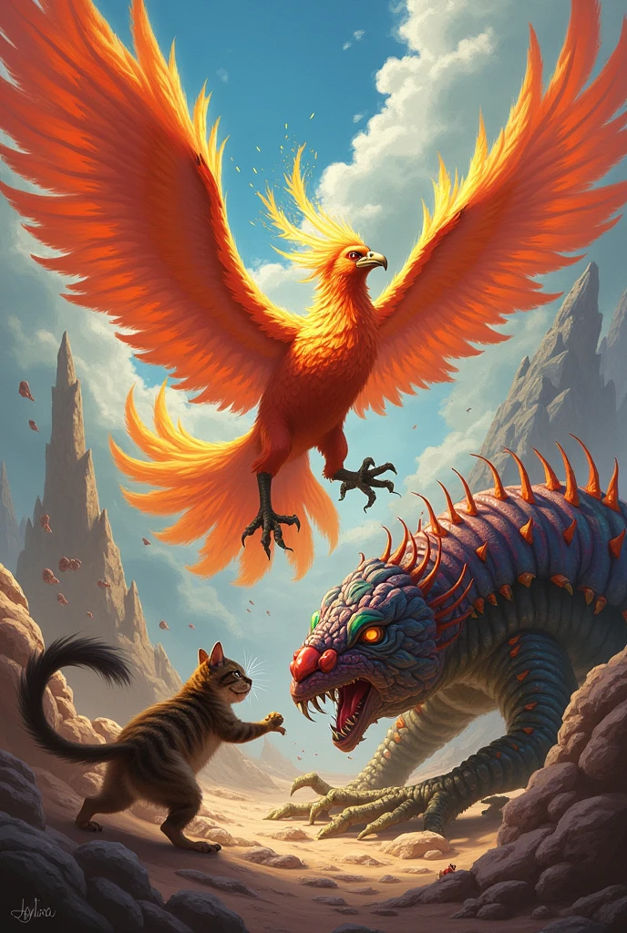 Phoenix, giant caterpillar, cat and armadillo are fighting. Phoenix ...