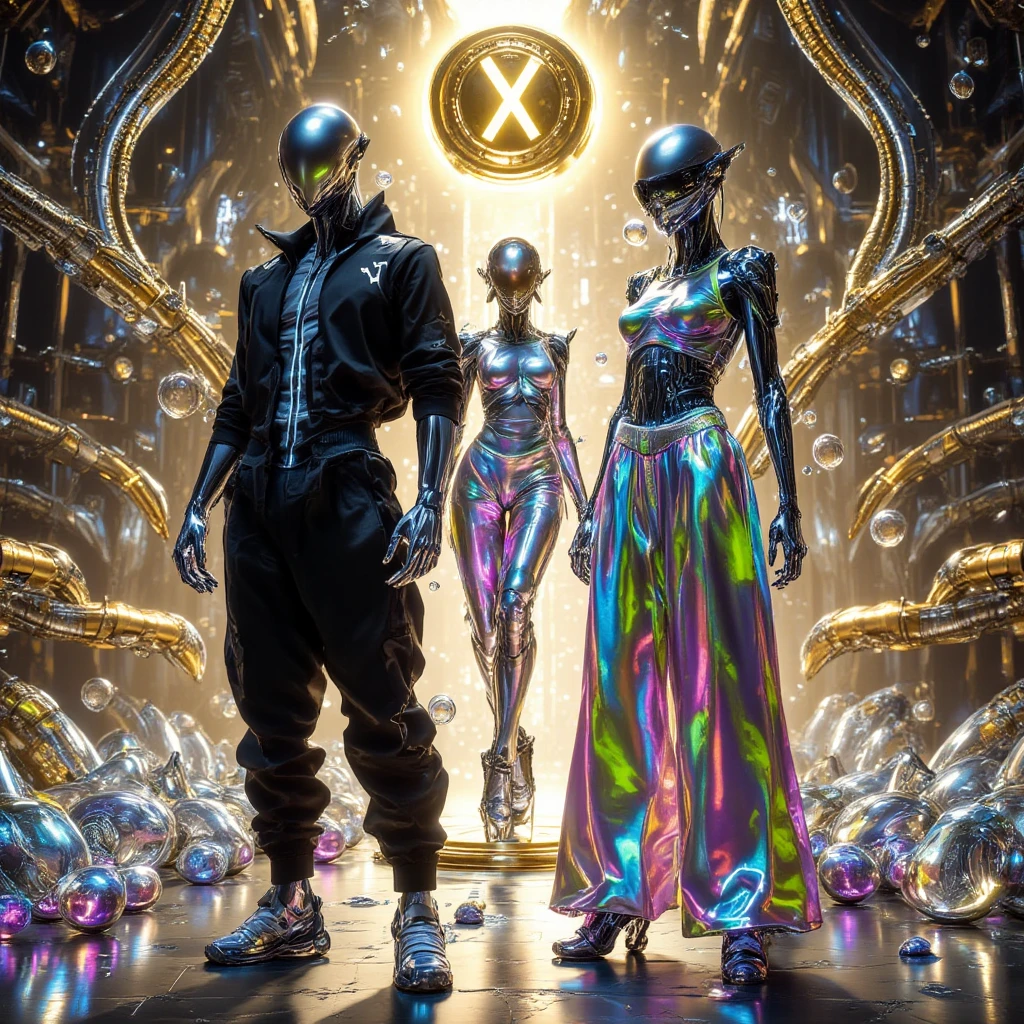 Three sleek, glamorous humanoid alien stands at 5’11” (180 cm - SeaArt AI