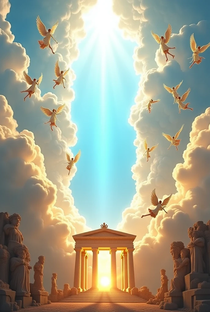 An impressive scene with a sky full of angels, wings extended and ...
